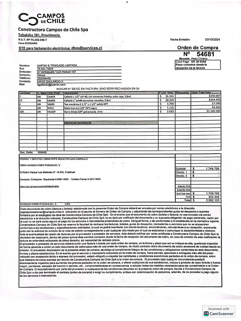Orden de Compra 54681 (Falta Guía) | PDF