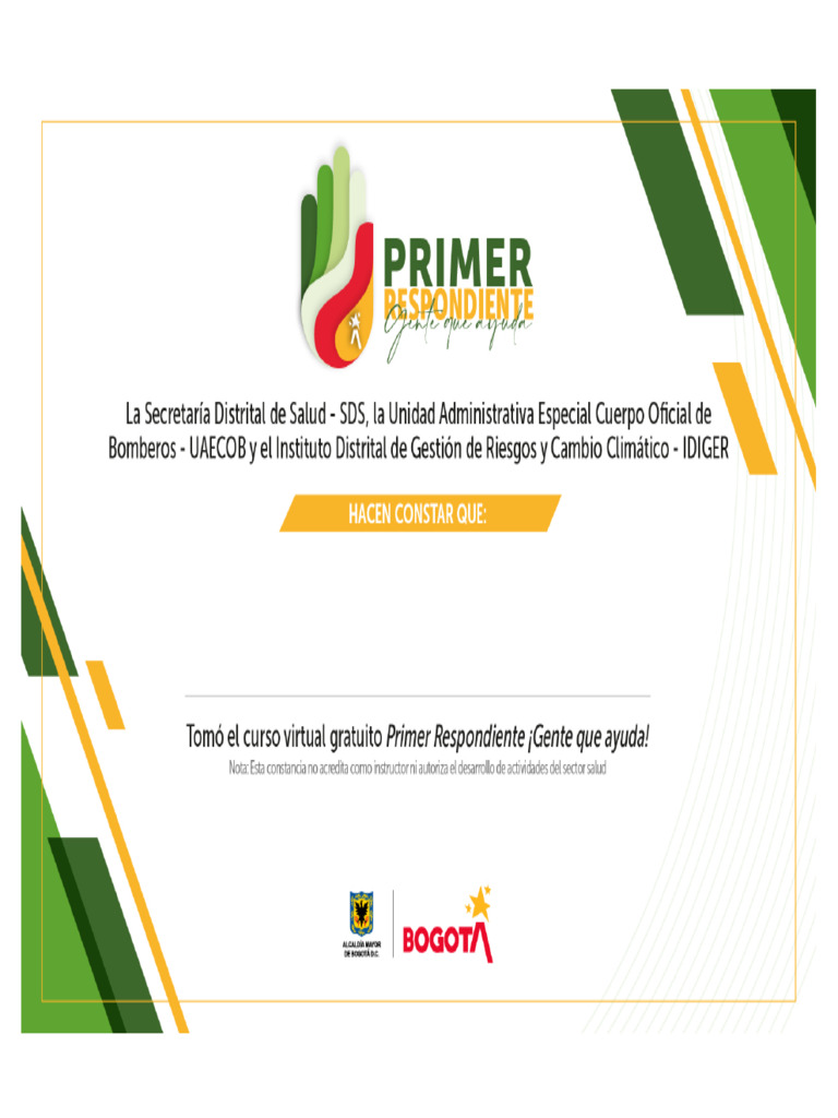 Diploma Curso Virtual Primer Respondiente ¡Gente Que Ayuda! | PDF