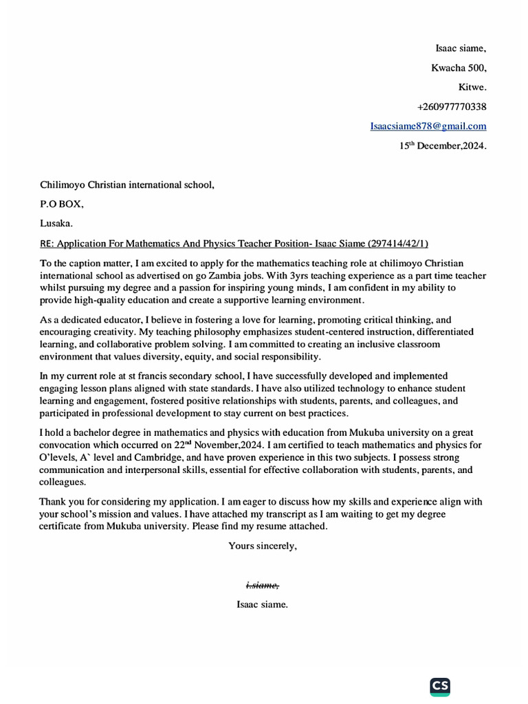 Isaac Siame Application For Teaching | PDF