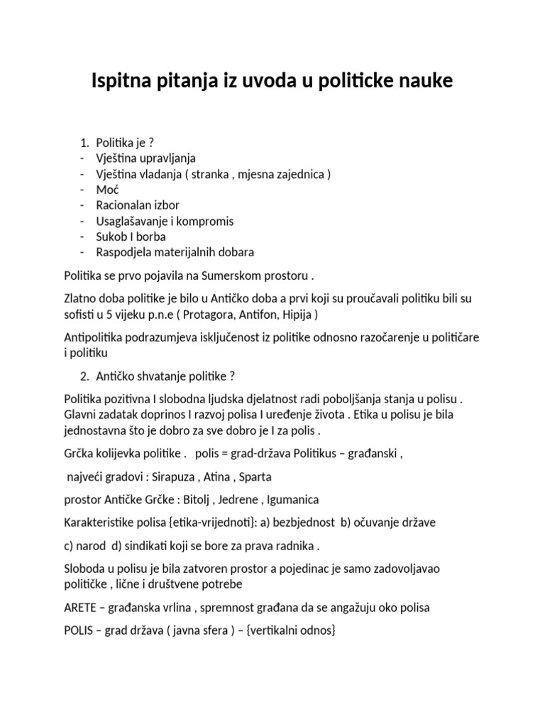 Ispitna Pitanja Iz Uvoda U Politicke Nauke | PDF