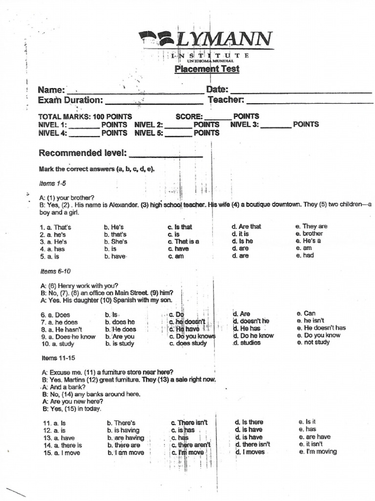 Placement Test 1 | PDF