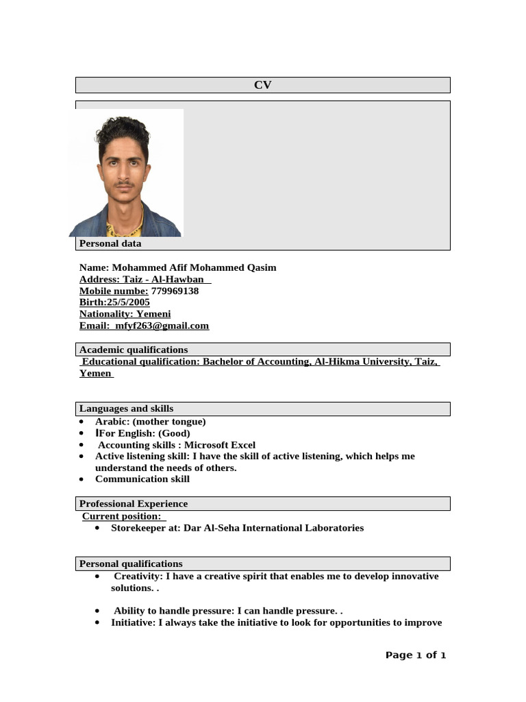 CV of Mohammed Afif Qasim | PDF