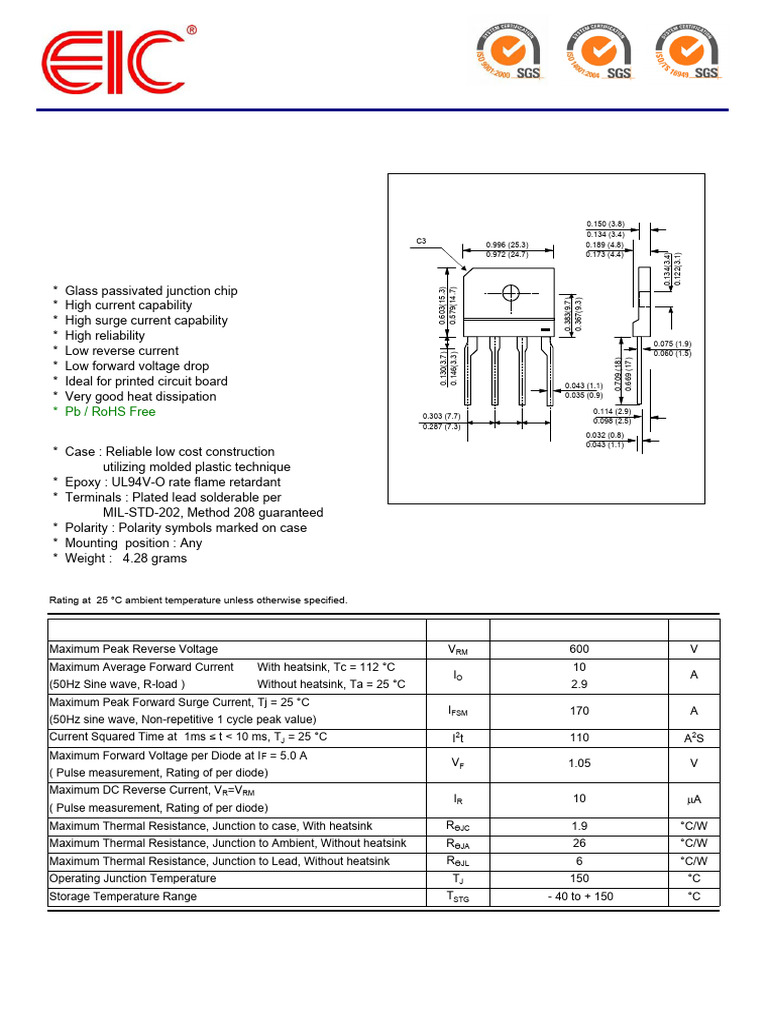 D10XB60 D10sba60 Silicon Bridge Rectifier | PDF | Rectifier | Electrical Engineering