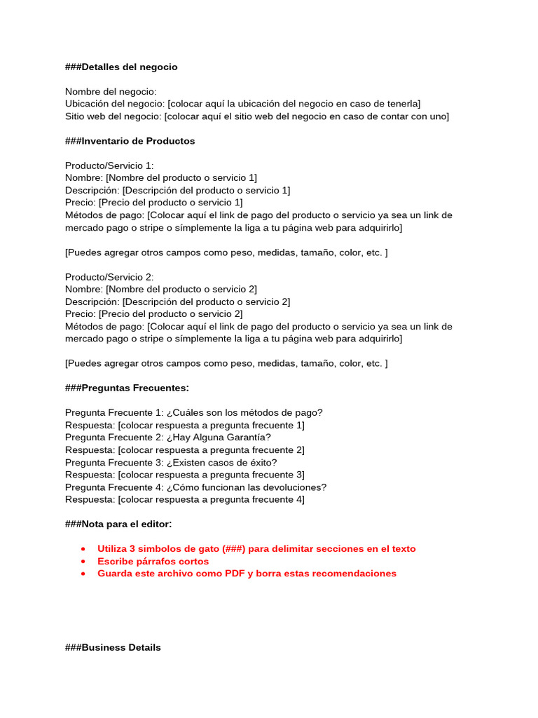 Plantilla De Detalles De Negocio Pdf