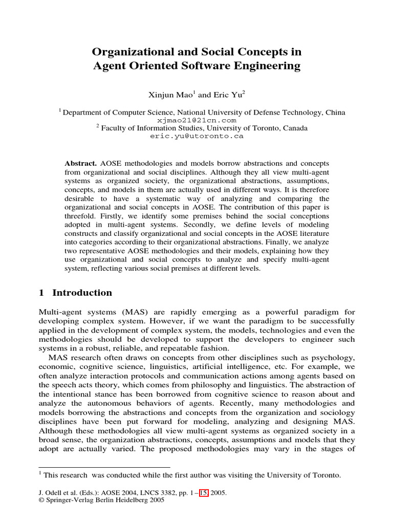 Organizational and Social Concepts in Agent Oriented Software Engineering | PDF | System ...