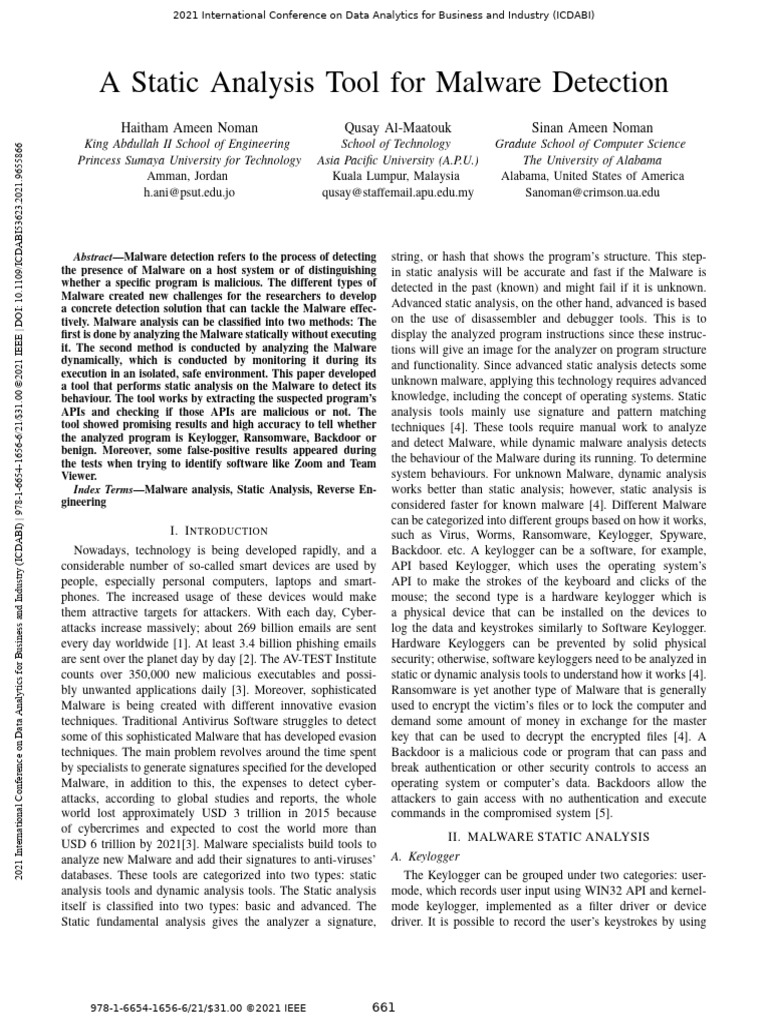 A Static Analysis Tool for Malware Detection | PDF | Malware | Ransomware