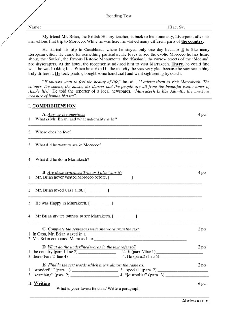 1 Bac Reading Test 40 Brian | PDF