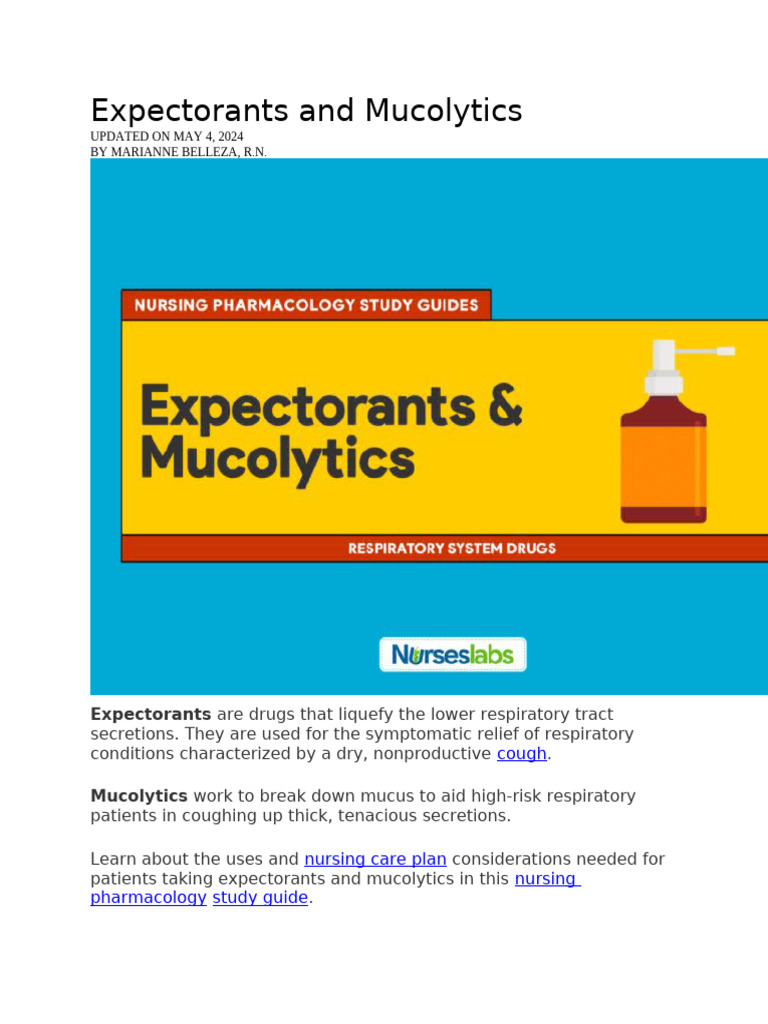 Expectorants and Mucolytics Overview | PDF | Cough | Chronic ...