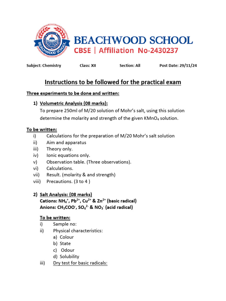 Chemistry XII Practical Exam Guide | PDF | Salt (Chemistry) | Ion