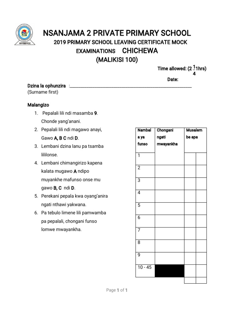Nsanjama 2 CHICHEWA EXAM | PDF