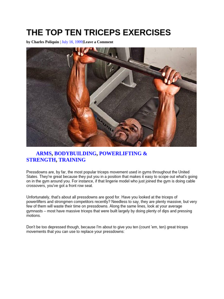 The Top Ten Triceps Exercises | PDF | Elbow | Anatomical Terms Of Motion
