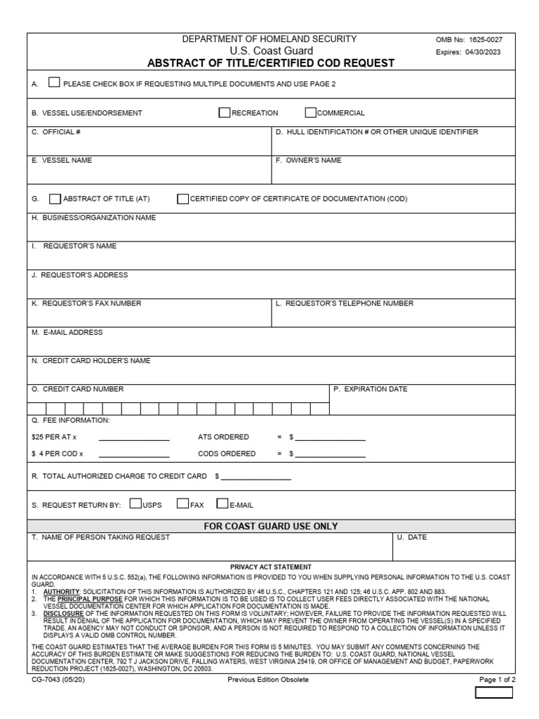 CG-7043 Abstract of Title or Certified Copy of COD Request Form | PDF ...
