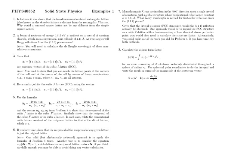 Solid State Physics Problem Set | PDF | Crystal Structure | Condensed ...