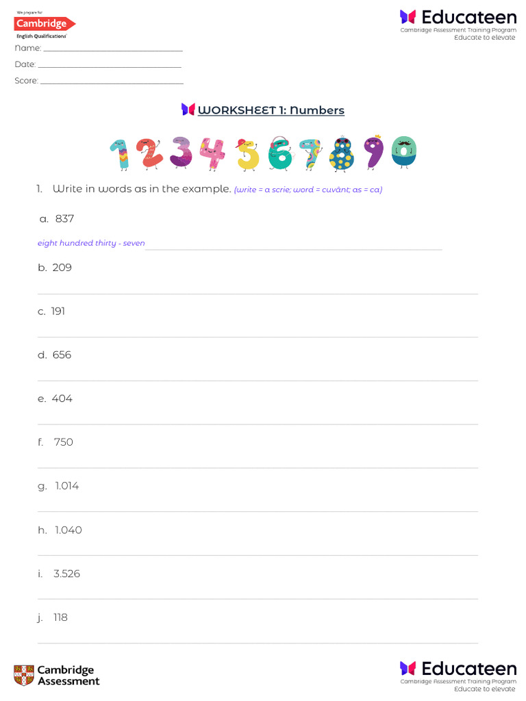 Worksheet 1 (Starters) NUMBERS - Adela, David | PDF