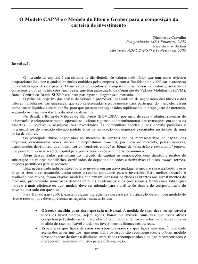 Modelos CAPM e Elton-Gruber em Investimentos | PDF | Modelo de ...