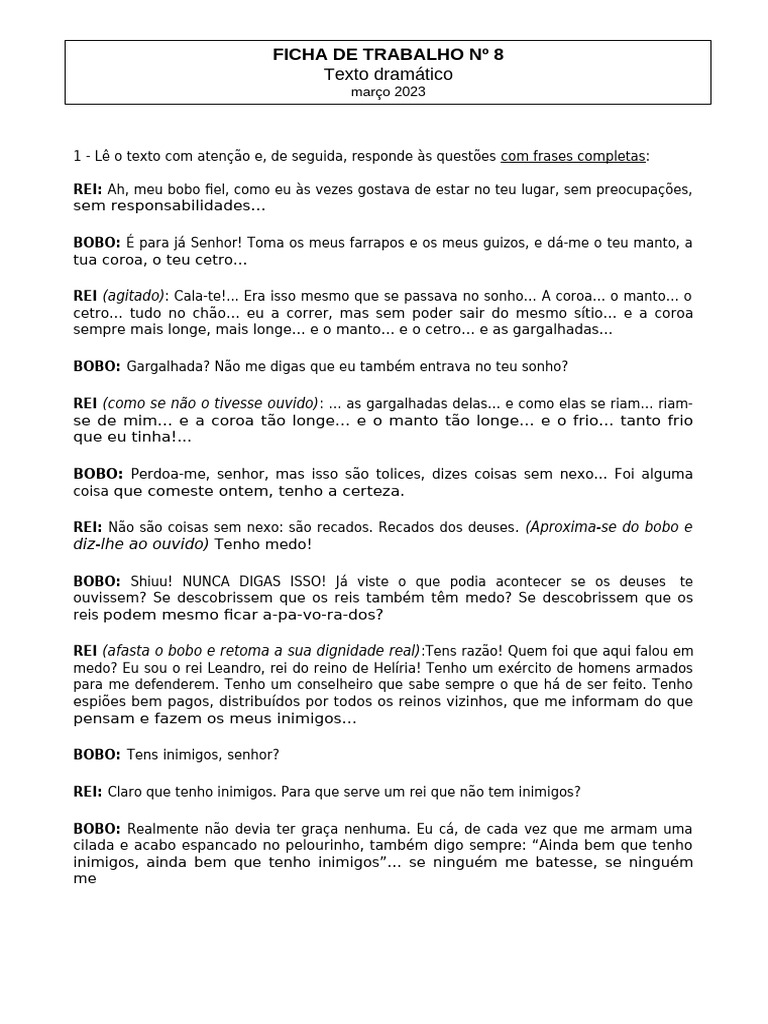 Ficha Texto Dramatico Leandro Rei Da Heliria | PDF
