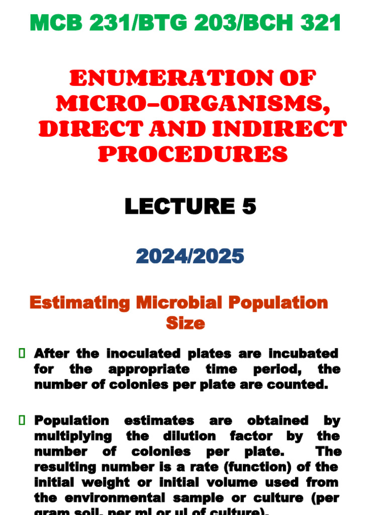 Lecture 5 - Enumeration of Microbes, Direct and Indirect Procedures ...