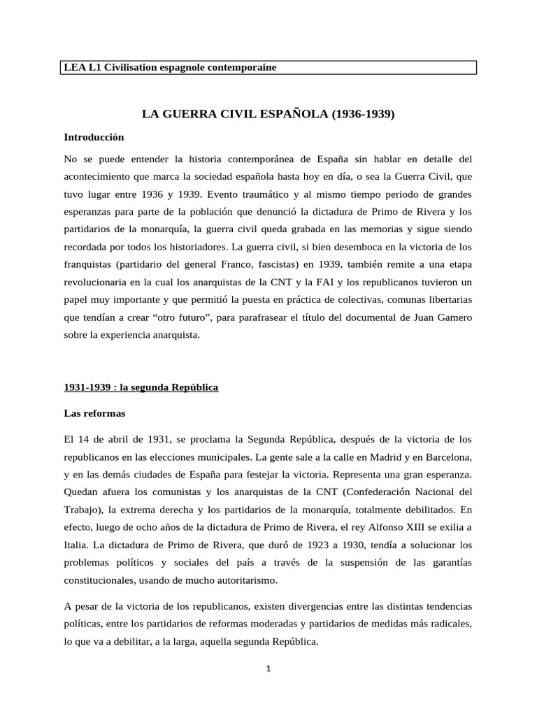 LEA L1 Civilisation Espagnole Contemporaine | PDF | Francisco franco | guerra civil Española