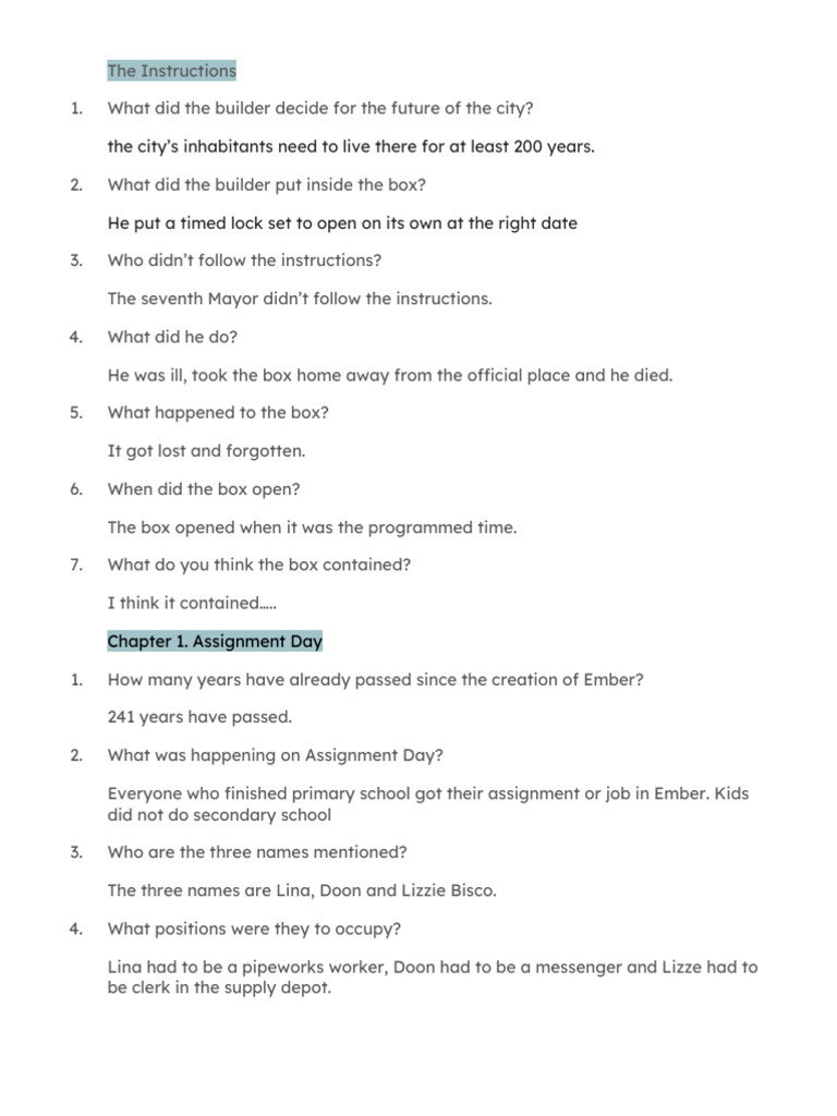 Otto City of Ember Summaries Instructions Ch1 - 8 | PDF