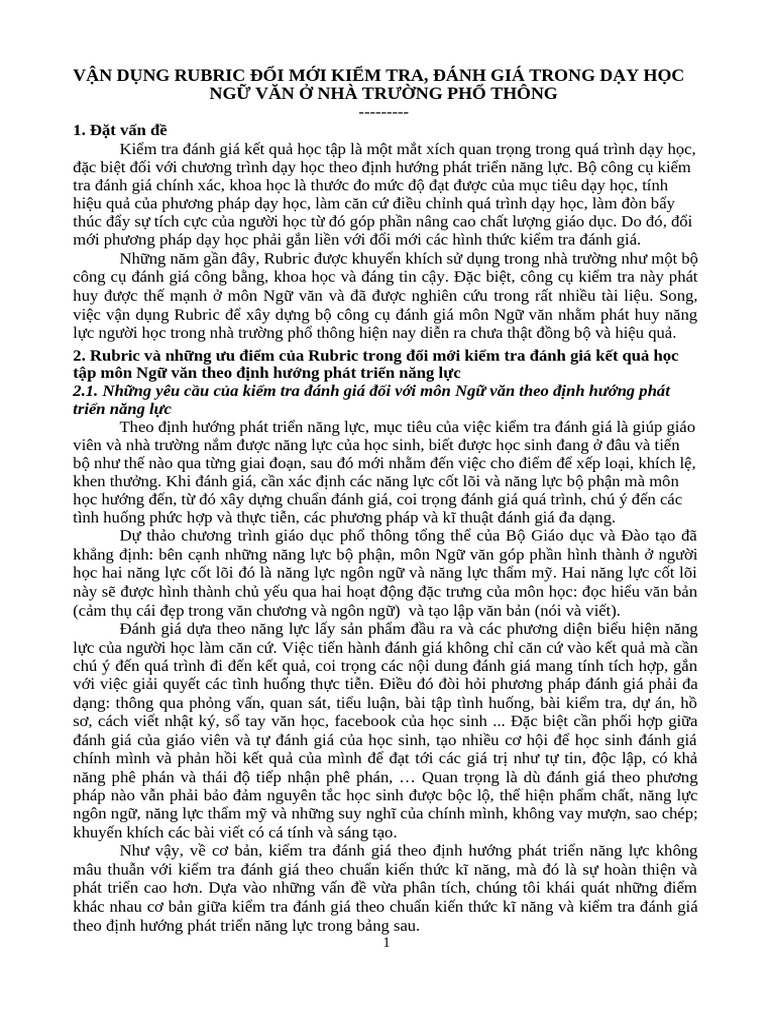 Van Dung Rubric Xay Dung Bo Cong Cu Doi Moi KTDG Ngu Van1 | PDF