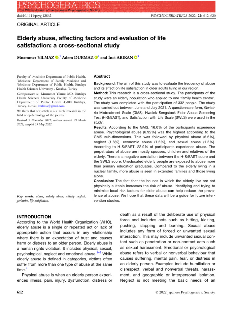 Elderly Abuse, Affecting Factors and Evaluation of Life Satisfaction A Cross-Sectional Study | PDF