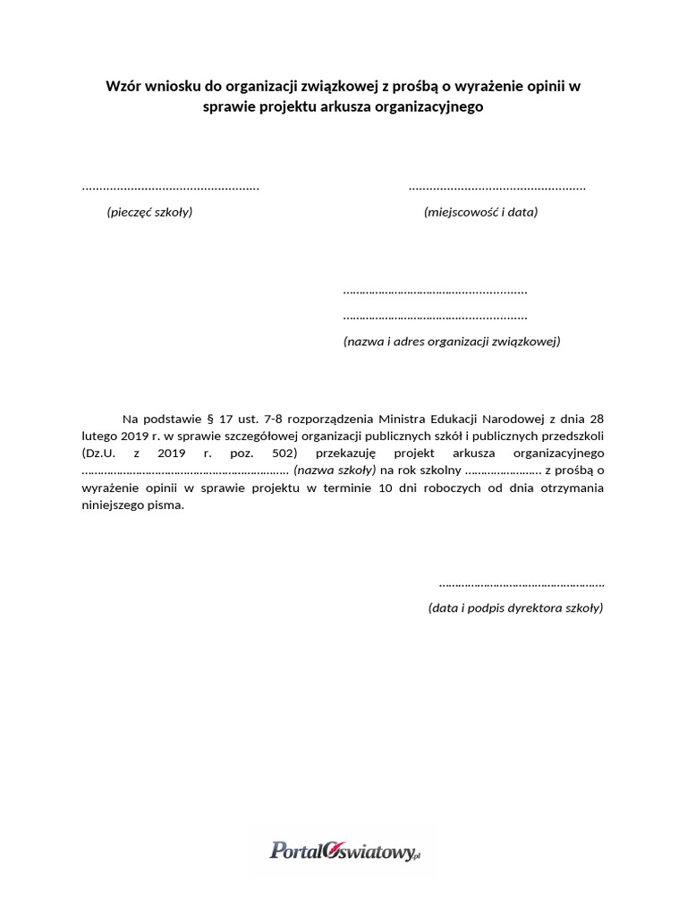 Wzor Wniosku Do Organizacji Zwiazkowej Z Prosba o Wyrazenie Opinii W Sprawie Projektu Arkusza ...