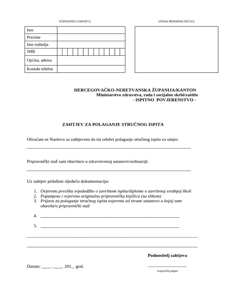 Zahtjev Za Polaganje Strucnog Ispita 1 | PDF