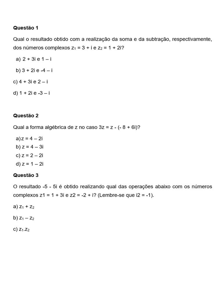 Atividades Números Complexos | PDF