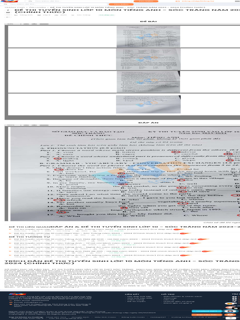 Đề thi tuyển sinh lớp 10 môn Tiếng Anh - Sóc Trăng năm 2023 - 2024 (Chính thức) (Có đáp án) 2646 ...