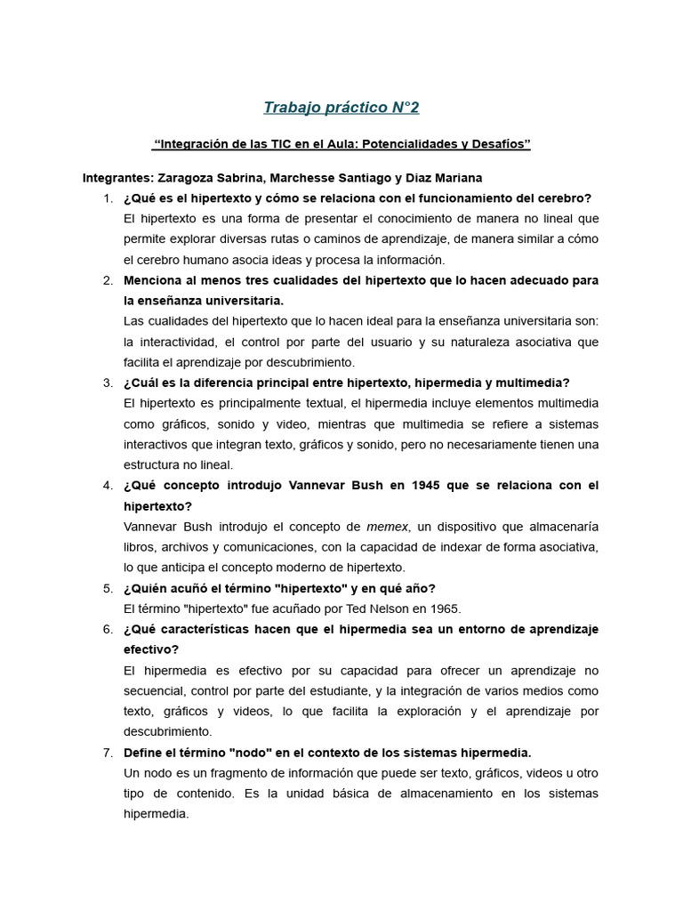 TP N°2 "Integración de Las TIC en El Aula - Potencialidades y Desafíos" | PDF | Hipertexto ...