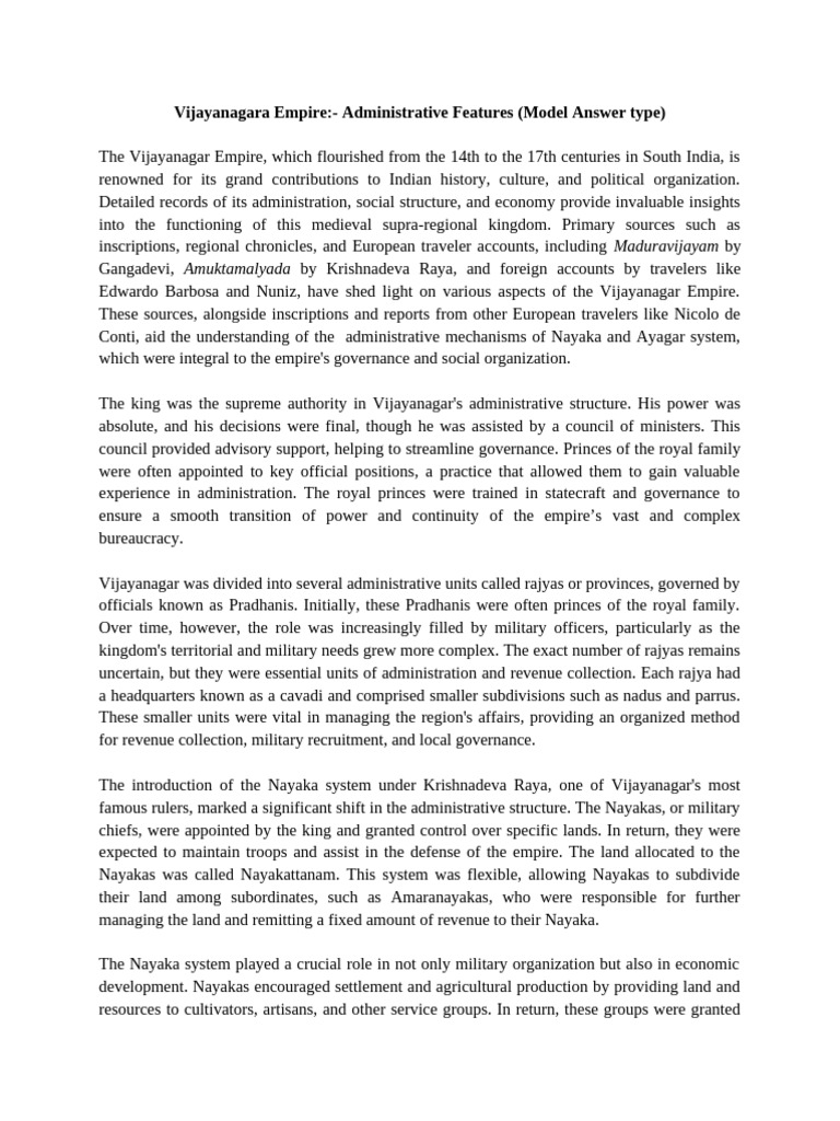 Vijayanagara Empire - Administrative Features (Model Answer Type) | PDF ...