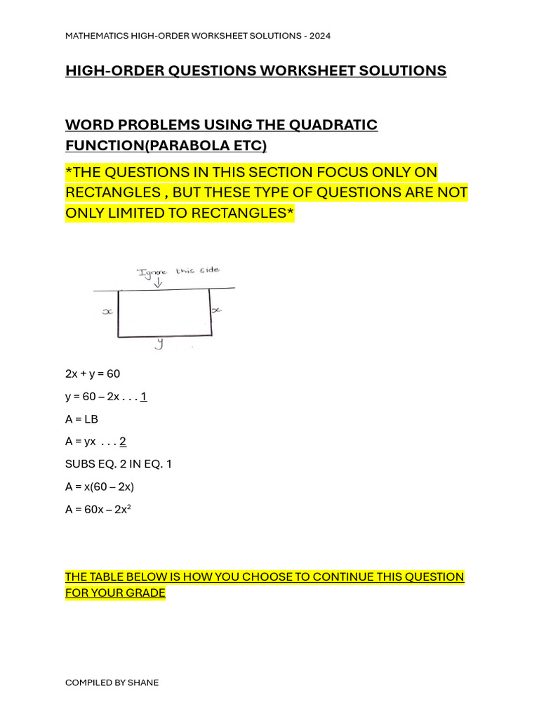 Mathematics High-Order Worksheet Solutions | PDF | Mathematics | Algebra