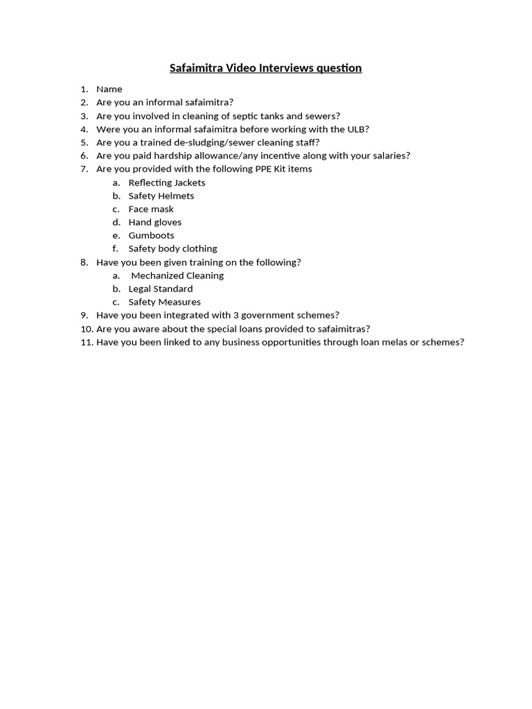 Questionnaire For Interviews | PDF
