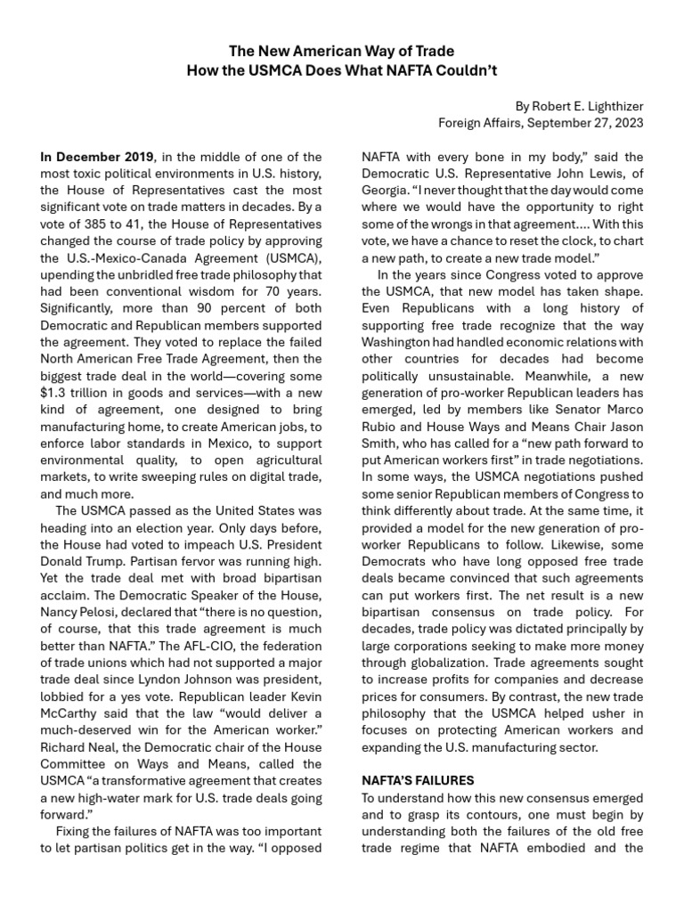 Lighthizer (2023) Foreign Affairs American Way of Trade | PDF | North ...