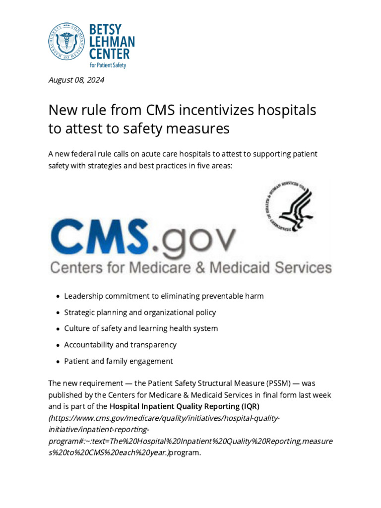 New Rule From CMS Incentivizes Hospitals To Attest To Safety Measures ...