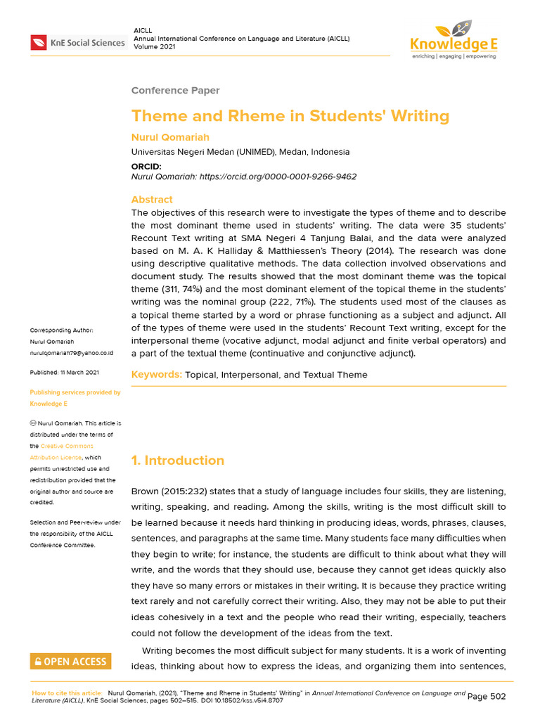 Theme and Rheme in Students Writing | PDF | Linguistics | Grammar