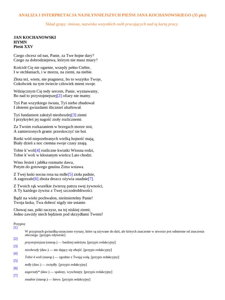 Jan Kochanowski, Pieśń XXV I Pieśń XXIV | PDF