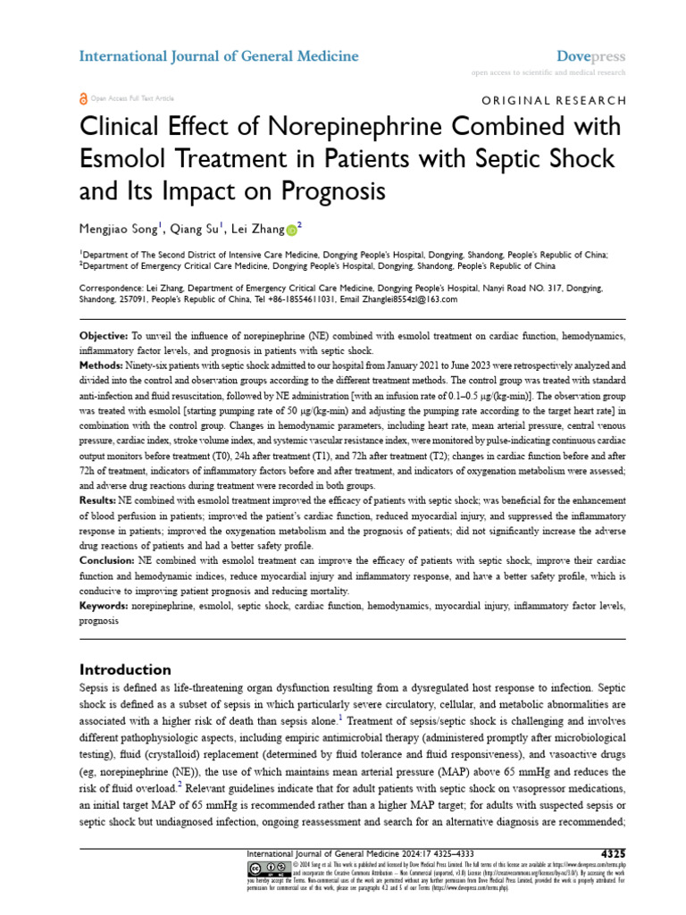 Clinical Effect of Norepinephrine Combined With Esmolol Treatment in Patients With Septic Shock ...