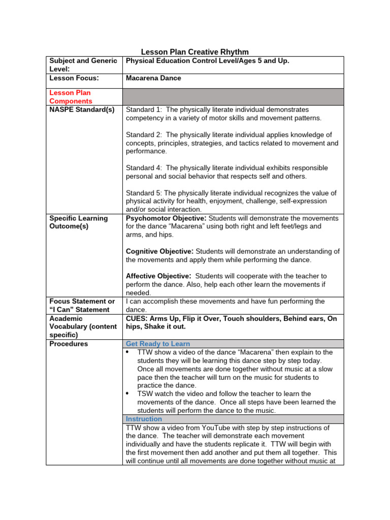 Creative Rhythm Lesson Plan | PDF | Dances | Teachers