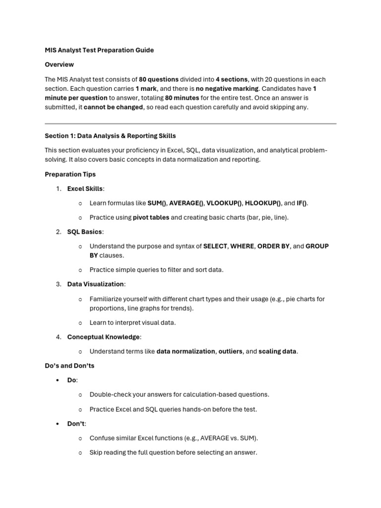 MIS Analyst Test Prep Guide | PDF | Microsoft Excel | Data