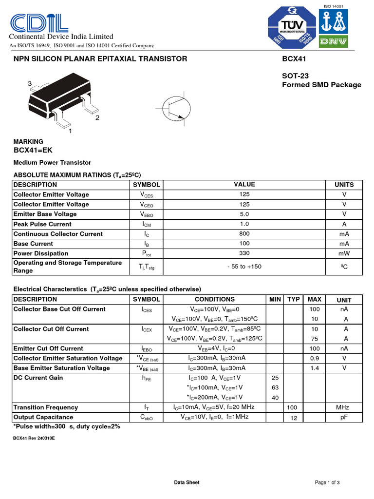 NPN Silicon Planar Epitaxial Transistor BCX41 SOT-23 Formed SMD Package ...