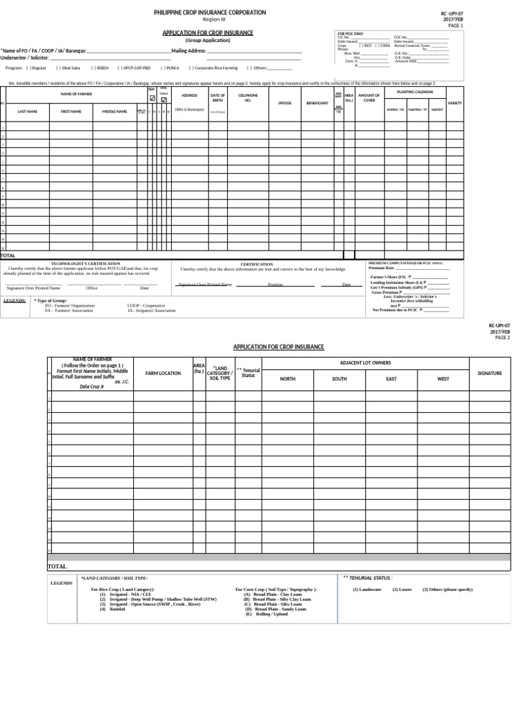 PCIC Crop Insurance Application Form | PDF | Agriculture
