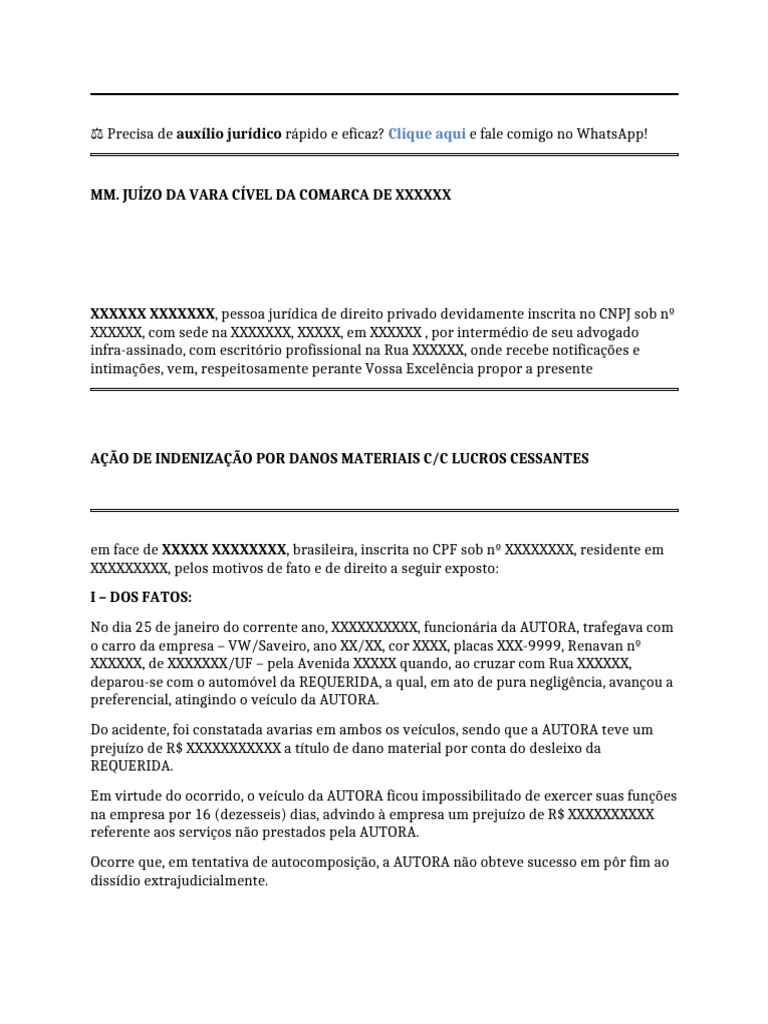 Modelo Acao de Indenizacao Por Danos Materiais C C Lucros Cessantes ...
