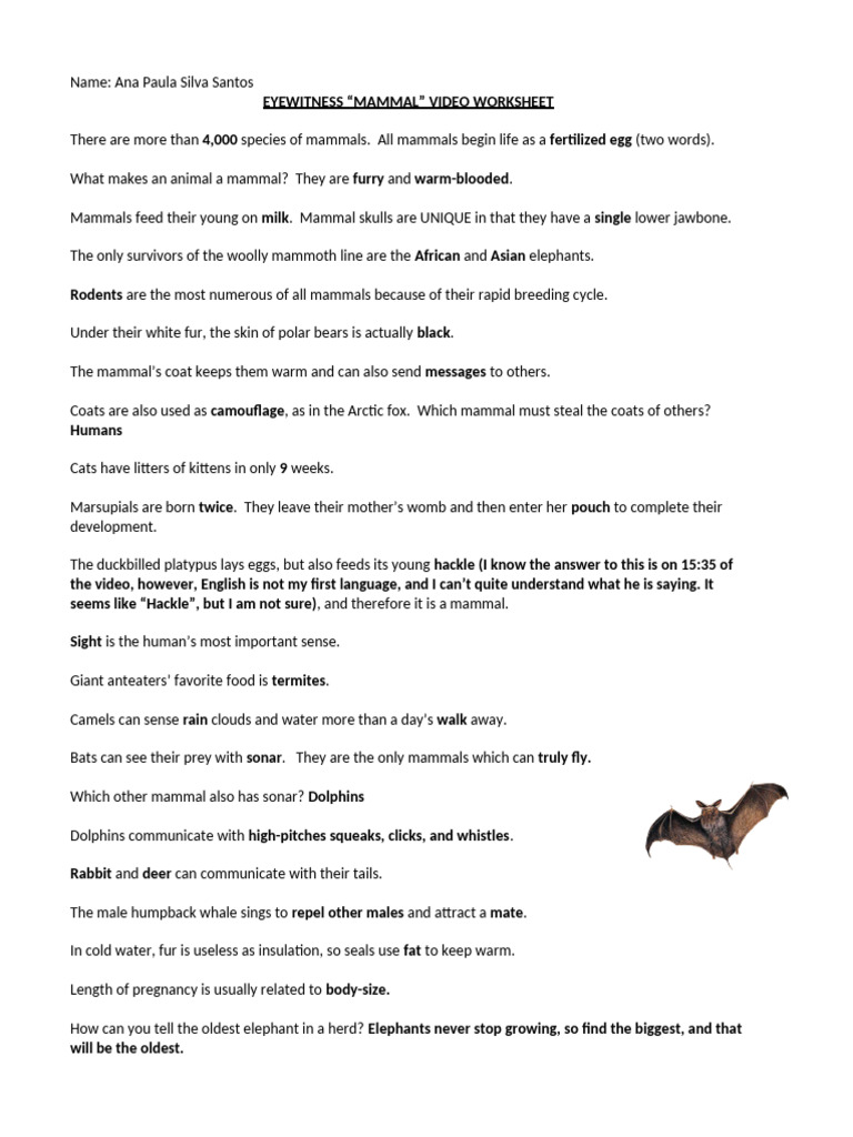 Mammal Worksheet LAB WEEK 7 | PDF
