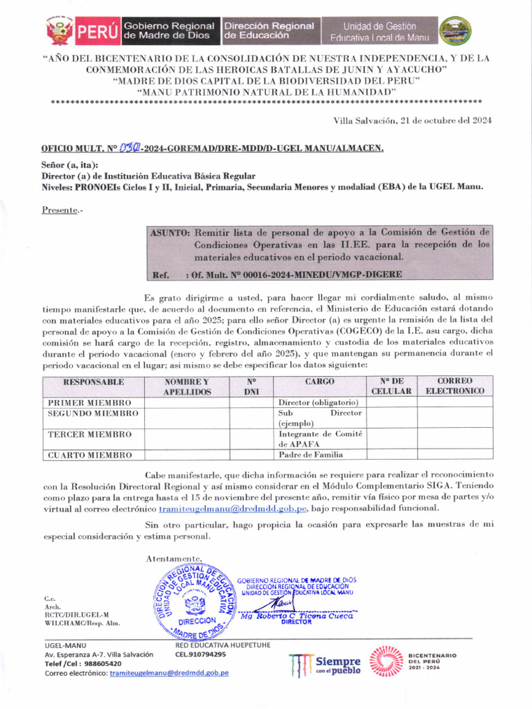 Of. Mut. 030-2024 Cogeco - Ugel Manu | PDF