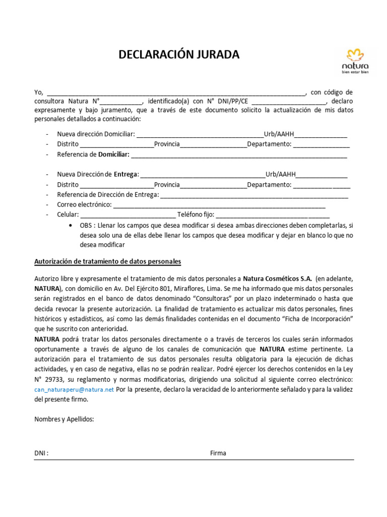 Formato Declaracion Jurada Actualizacion Datos Personales | PDF | Documento de identidad