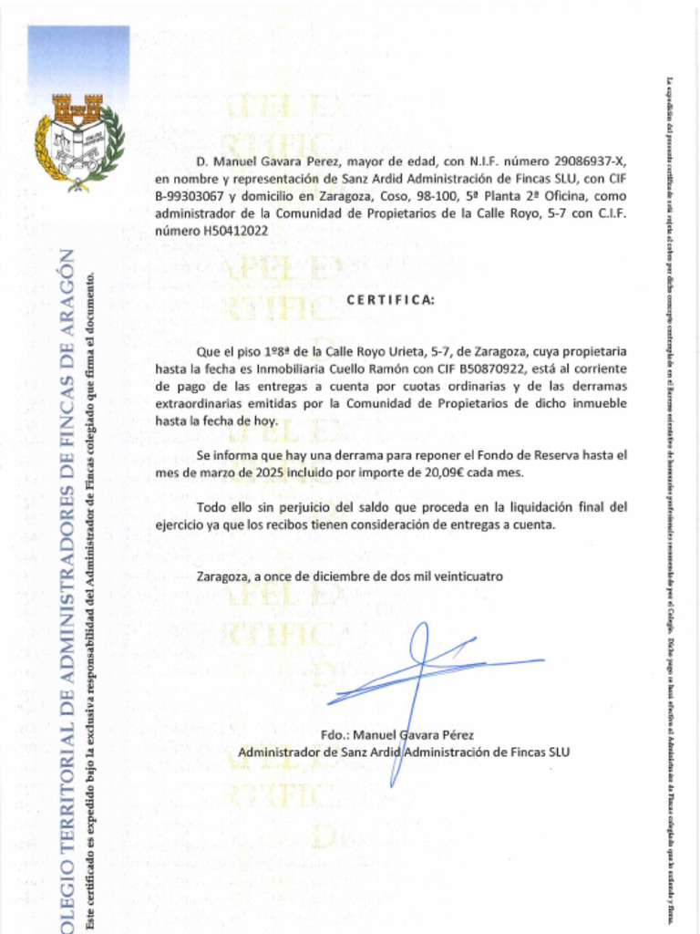 Certificado Deuda Cero Comunidad Calle Royo | PDF