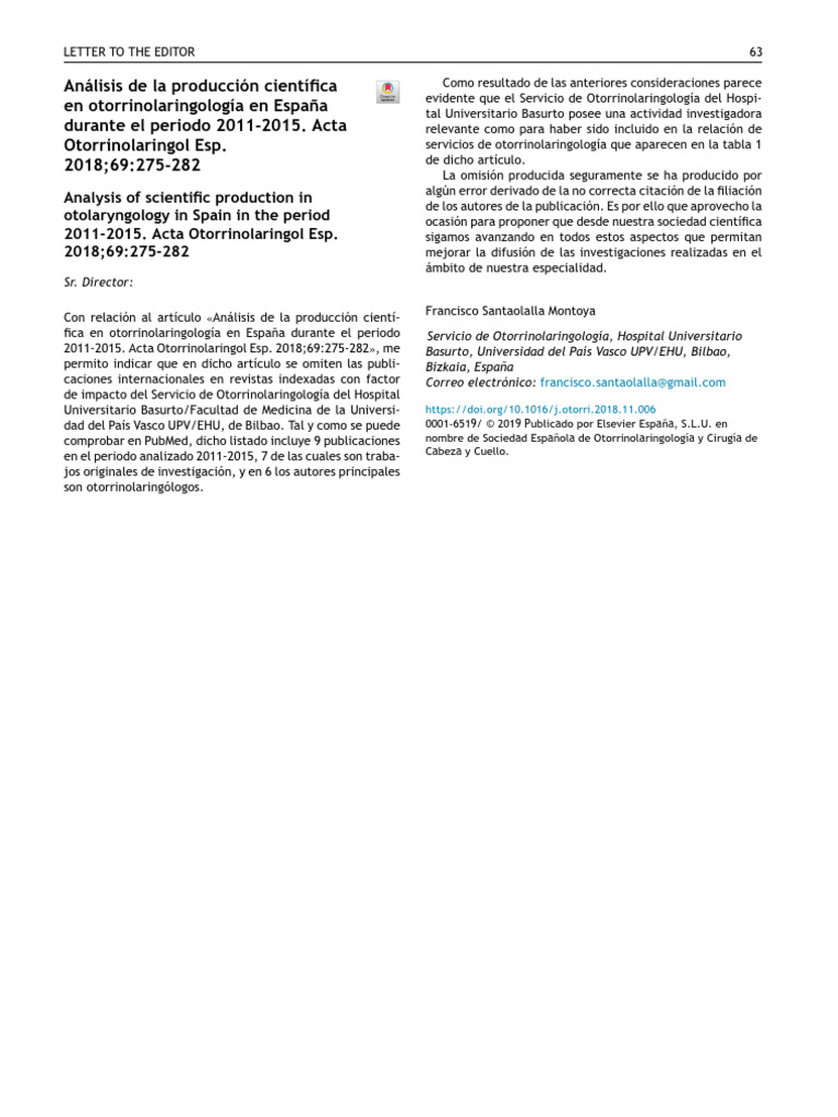 An Lisis de La Producci N Cient Fica en Otorrinolaringolo - 2020 - Acta ...