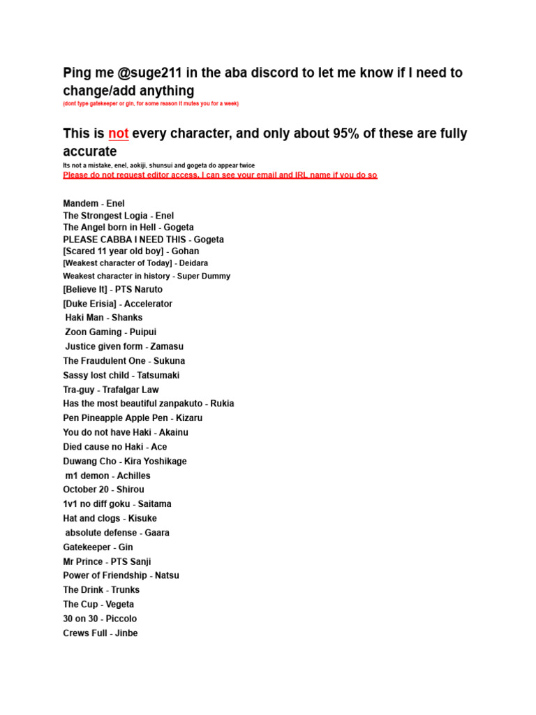 Character Nicknames and Descriptions List | PDF | Dragon Ball | Anime ...