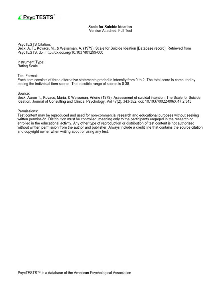 Scale For Suicide Ideation | PDF | Cognition | Behavioural Sciences